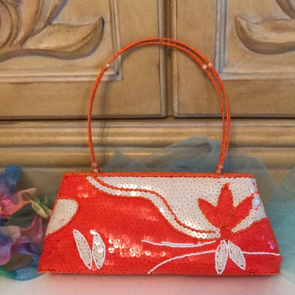 Bags | Sequin Satchel From India Orange White | Poshmark